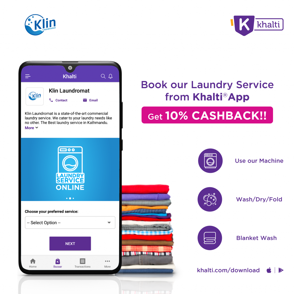 Book our Laundry Service from Khalti App and Get 10% Cashback